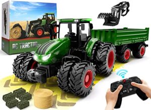 remote control tractor toy, kids rc tractor set & truck and trailer front loader - metal car head/8 wheel/ light, toddlers farm vehicle toys for 2 3 4 5 6 7 8 9 year old boys christmas birthday gift