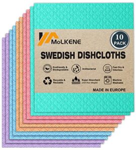 molkene swedish dish cloths - 10 pack reusable kitchen dishcloths - ultra absorbent dish towels for washing dishes - cellulose sponge cloth cleaning rag - assorted