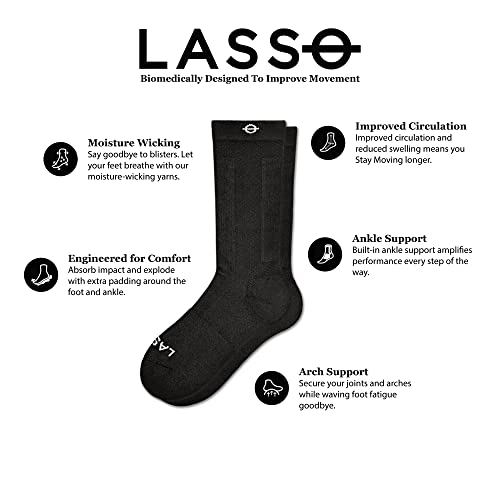 Lasso Performance Compression Athletic Socks — Increase Circulation While Running, Cycling, & Exercising - Black (Crew) - Large