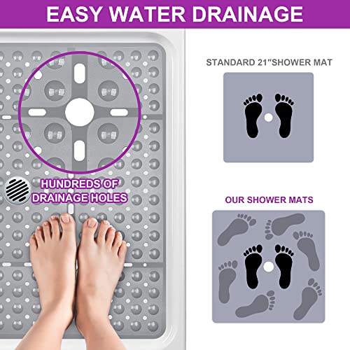 Reetual XL Shower Mats for Showers Anti Slip - 27x27 Bath Tub Mat and Shower Floor Mat. Powerful Suction Cup Shower Mat with Drain Holes. Grey Bath Mat for Shower, Non Slip for Elderly and Kids