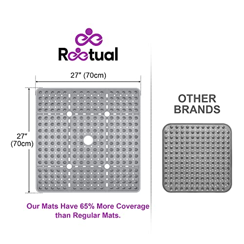 Reetual XL Shower Mats for Showers Anti Slip - 27x27 Bath Tub Mat and Shower Floor Mat. Powerful Suction Cup Shower Mat with Drain Holes. Grey Bath Mat for Shower, Non Slip for Elderly and Kids