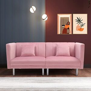 majnesvon modern velvet fabric sofa bed futon with 2 pillows,couch with 3 adjustable angles,convertible small loveseat folding sleeper sofa bed for compact living spaces,bedroom (pink), twin