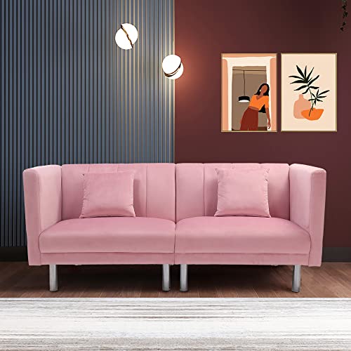 Majnesvon Modern Velvet Fabric Sofa Bed Futon with 2 Pillows,Couch with 3 Adjustable Angles,Convertible Small Loveseat Folding Sleeper Sofa Bed for Compact Living Spaces,Bedroom (Pink), Twin