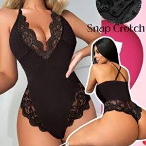 Avidlove Sexy Lingerie for Women Lace Deep V Bodysuit Snap Crotch Teddy Black L