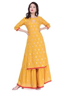 trust of deal women's rayon kurti hand work gotta patti palazzo set, yellow (as1, alpha, 3x_l, regular, regular, 3xl)