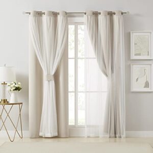 Bujasso Beige 90% Blackout Curtains with Sheer Overlay Mix and Match Double Layer Thermal Insulated Window Panels 84 inch for Living Room Bedroom Beige Drapes with Tiebacks Grommet Top 37" Wx84 Lx2