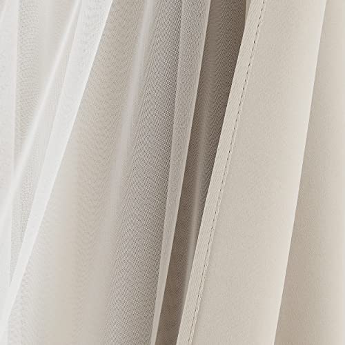 Bujasso Beige 90% Blackout Curtains with Sheer Overlay Mix and Match Double Layer Thermal Insulated Window Panels 84 inch for Living Room Bedroom Beige Drapes with Tiebacks Grommet Top 37" Wx84 Lx2