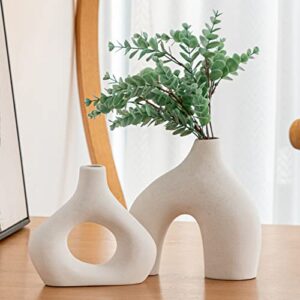 white ceramic vase set of 2 for modern home decor, round matte donut vases for pampas grass, neutral boho nordic minimalism style flower vases for living room wedding dinner table party office bedroom