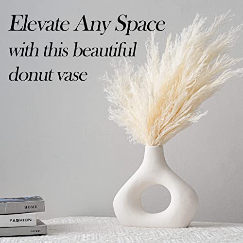 White Ceramic Vase Set of 2 for Modern Home Decor, Round Matte Donut Vases for Pampas Grass, Neutral Boho Nordic Minimalism Style Flower Vases for Living Room Wedding Dinner Table Party Office Bedroom