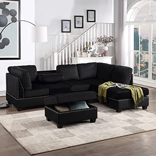 DHHU Fine Sectional, Reversible Chaise, L Shaped Couch Sofa with Ottoman for Living Room, Apartment, Office, Gray, Black Funiture Sets