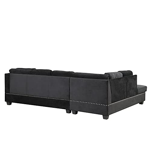 DHHU Fine Sectional, Reversible Chaise, L Shaped Couch Sofa with Ottoman for Living Room, Apartment, Office, Gray, Black Funiture Sets