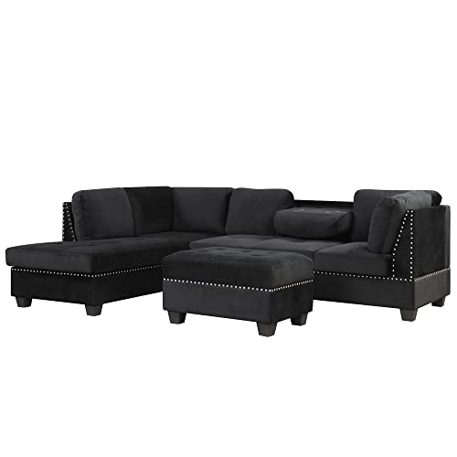 DHHU Fine Sectional, Reversible Chaise, L Shaped Couch Sofa with Ottoman for Living Room, Apartment, Office, Gray, Black Funiture Sets