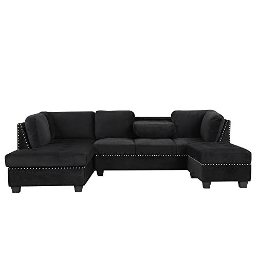 DHHU Fine Sectional, Reversible Chaise, L Shaped Couch Sofa with Ottoman for Living Room, Apartment, Office, Gray, Black Funiture Sets