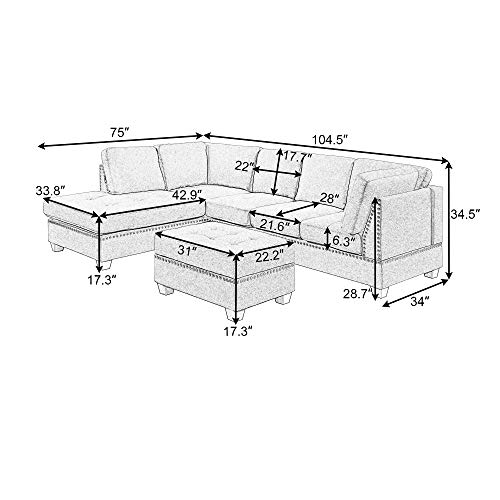 DHHU Fine Sectional, Reversible Chaise, L Shaped Couch Sofa with Ottoman for Living Room, Apartment, Office, Gray, Black Funiture Sets