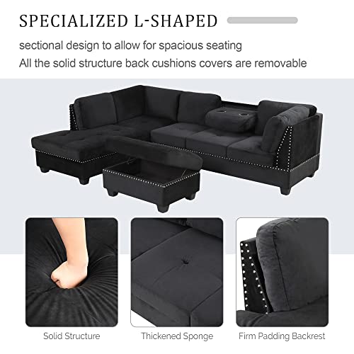 DHHU Fine Sectional, Reversible Chaise, L Shaped Couch Sofa with Ottoman for Living Room, Apartment, Office, Gray, Black Funiture Sets