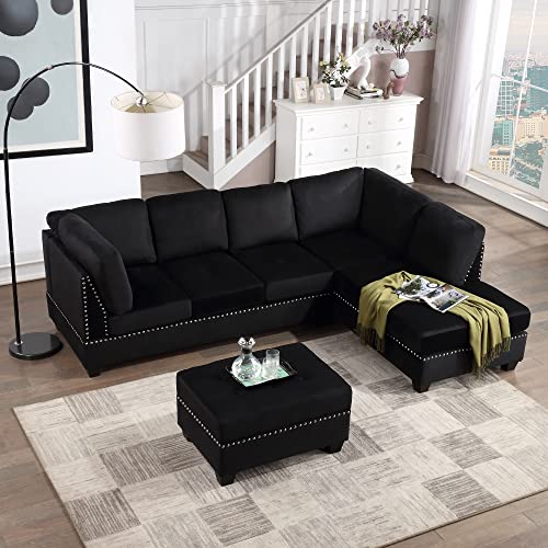 DHHU Fine Sectional, Reversible Chaise, L Shaped Couch Sofa with Ottoman for Living Room, Apartment, Office, Gray, Black Funiture Sets