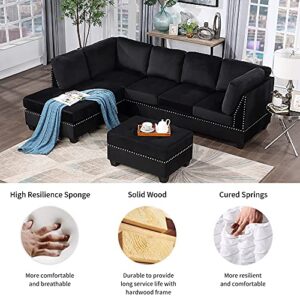 DHHU Fine Sectional, Reversible Chaise, L Shaped Couch Sofa with Ottoman for Living Room, Apartment, Office, Gray, Black Funiture Sets