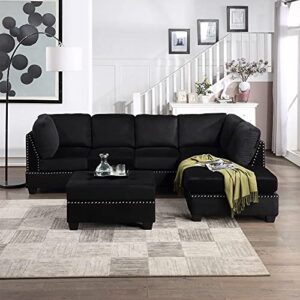 DHHU Fine Sectional, Reversible Chaise, L Shaped Couch Sofa with Ottoman for Living Room, Apartment, Office, Gray, Black Funiture Sets