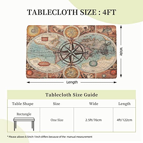 WILL BUDXEG Nautical Map World Compass Rose Travel Tablecloth with Elastic for 4ft 30''X48'' Rectangle Folding Table, Wipeable Table Cover for Picnics Outdoor Party