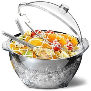 innovative life large salad bowl with ice chiller base and lid, kitchen refrigerated veggie tray with two long spoons, party platters for food, clear