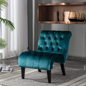 SmartDer Comfy Velvet Accent Chair, Upholstered Armless Side Chair for Living Room, Modern Lounge Chair with Tufted Back and Rolled Edge Design, Comfy Reading Chair with Solid Rubber Wooden Legs,Teal