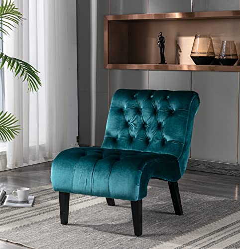 SmartDer Comfy Velvet Accent Chair, Upholstered Armless Side Chair for Living Room, Modern Lounge Chair with Tufted Back and Rolled Edge Design, Comfy Reading Chair with Solid Rubber Wooden Legs,Teal