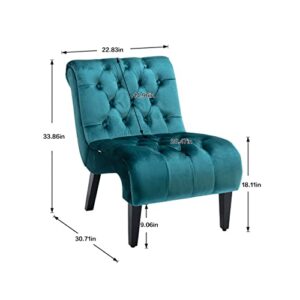 SmartDer Comfy Velvet Accent Chair, Upholstered Armless Side Chair for Living Room, Modern Lounge Chair with Tufted Back and Rolled Edge Design, Comfy Reading Chair with Solid Rubber Wooden Legs,Teal