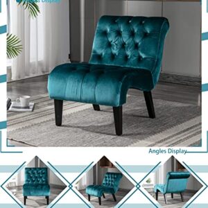 SmartDer Comfy Velvet Accent Chair, Upholstered Armless Side Chair for Living Room, Modern Lounge Chair with Tufted Back and Rolled Edge Design, Comfy Reading Chair with Solid Rubber Wooden Legs,Teal