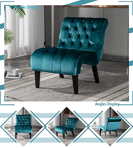 SmartDer Comfy Velvet Accent Chair, Upholstered Armless Side Chair for Living Room, Modern Lounge Chair with Tufted Back and Rolled Edge Design, Comfy Reading Chair with Solid Rubber Wooden Legs,Teal