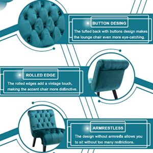 SmartDer Comfy Velvet Accent Chair, Upholstered Armless Side Chair for Living Room, Modern Lounge Chair with Tufted Back and Rolled Edge Design, Comfy Reading Chair with Solid Rubber Wooden Legs,Teal