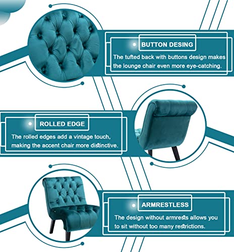 SmartDer Comfy Velvet Accent Chair, Upholstered Armless Side Chair for Living Room, Modern Lounge Chair with Tufted Back and Rolled Edge Design, Comfy Reading Chair with Solid Rubber Wooden Legs,Teal