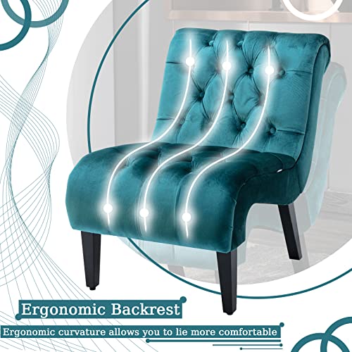 SmartDer Comfy Velvet Accent Chair, Upholstered Armless Side Chair for Living Room, Modern Lounge Chair with Tufted Back and Rolled Edge Design, Comfy Reading Chair with Solid Rubber Wooden Legs,Teal