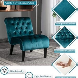 SmartDer Comfy Velvet Accent Chair, Upholstered Armless Side Chair for Living Room, Modern Lounge Chair with Tufted Back and Rolled Edge Design, Comfy Reading Chair with Solid Rubber Wooden Legs,Teal