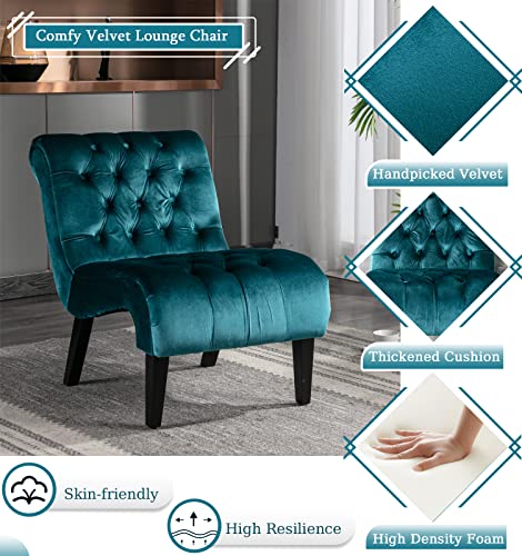 SmartDer Comfy Velvet Accent Chair, Upholstered Armless Side Chair for Living Room, Modern Lounge Chair with Tufted Back and Rolled Edge Design, Comfy Reading Chair with Solid Rubber Wooden Legs,Teal