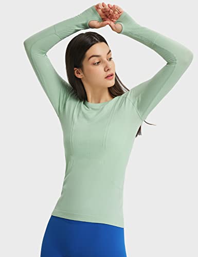 LUYAA Womens Workout Tops Long Sleeve Shirts Yoga Sports Running Breathable Gym Athletic Top Slim Fit Light Green Large