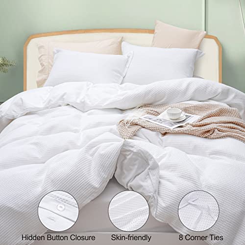 PHF Cotton Waffle Duvet Cover Queen Size, Ultra Soft Cotton Blend Comforter Cover Set, Comfy Breathable and Decorative Duver Cover Set with Pillow Shams Bedding Collection, 90"x90", White