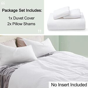 PHF Cotton Waffle Duvet Cover Queen Size, Ultra Soft Cotton Blend Comforter Cover Set, Comfy Breathable and Decorative Duver Cover Set with Pillow Shams Bedding Collection, 90"x90", White