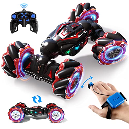 Deejoy Red RC Stunt Car, 2.4GHz 4WD Remote Control Gesture Sensor Toy, Double Sided Rotating Off Road Vehicle 360° Flips with Lights Music, Cars for Boys & Girls Birthday