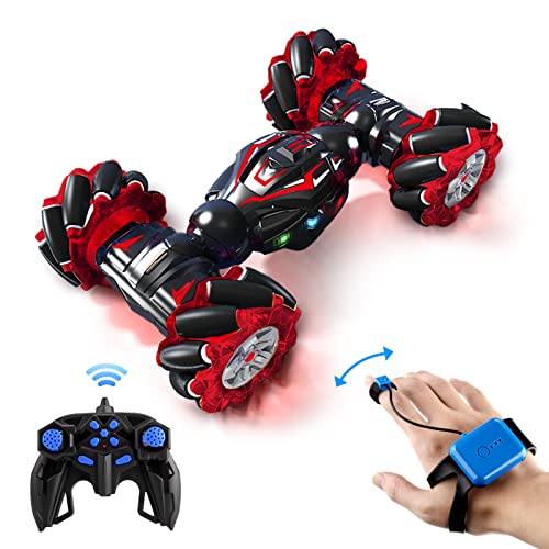 Deejoy Red RC Stunt Car, 2.4GHz 4WD Remote Control Gesture Sensor Toy, Double Sided Rotating Off Road Vehicle 360° Flips with Lights Music, Cars for Boys & Girls Birthday