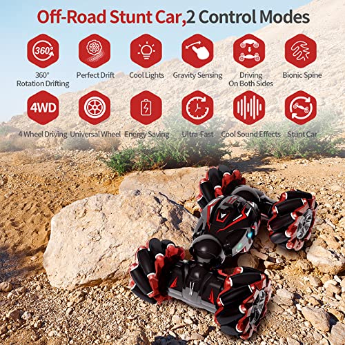 Deejoy Red RC Stunt Car, 2.4GHz 4WD Remote Control Gesture Sensor Toy, Double Sided Rotating Off Road Vehicle 360° Flips with Lights Music, Cars for Boys & Girls Birthday