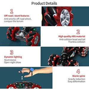 Deejoy Red RC Stunt Car, 2.4GHz 4WD Remote Control Gesture Sensor Toy, Double Sided Rotating Off Road Vehicle 360° Flips with Lights Music, Cars for Boys & Girls Birthday