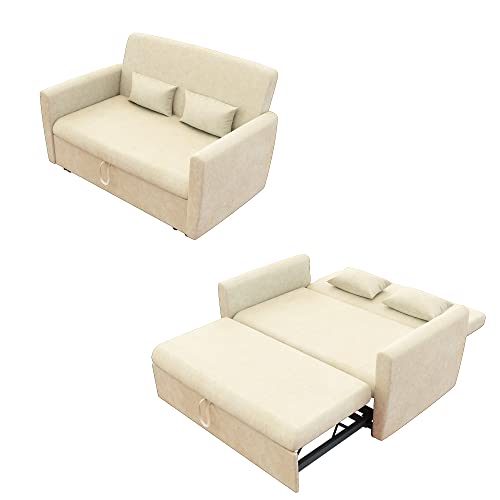 LEVNARY 55" Pull-Out Sofa Bed, Small Convertible Couch Bed with Adjustable Backrest, Modern Tufted Sleeper Sofa Velvet Loveseat with 2 Pillows for Living Room Apartment (Beige)