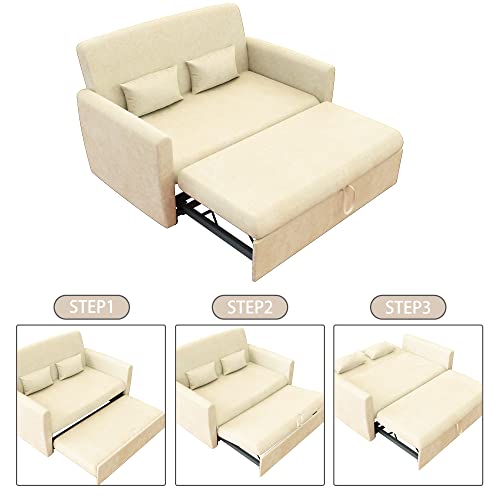 LEVNARY 55" Pull-Out Sofa Bed, Small Convertible Couch Bed with Adjustable Backrest, Modern Tufted Sleeper Sofa Velvet Loveseat with 2 Pillows for Living Room Apartment (Beige)