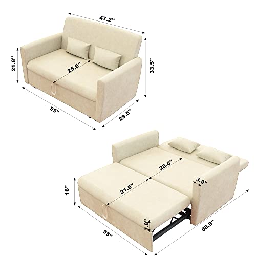 LEVNARY 55" Pull-Out Sofa Bed, Small Convertible Couch Bed with Adjustable Backrest, Modern Tufted Sleeper Sofa Velvet Loveseat with 2 Pillows for Living Room Apartment (Beige)