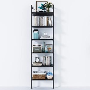 odk 6-tier ladder shelf, 87 inches wall mounted ladder bookshelf with metal frame, open industrial shelves for home office, bedroom and living room, black