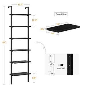 ODK 6-Tier Ladder Shelf, 87 Inches Wall Mounted Ladder Bookshelf with Metal Frame, Open Industrial Shelves for Home Office, Bedroom and Living Room, Black