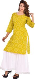 vrnda indian women's jaipuri bandhani printed straight cotton kurti & rayon sharara set for women (l)