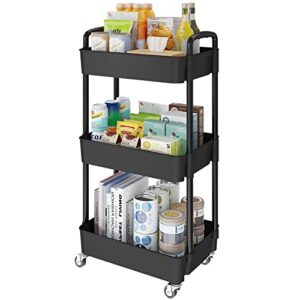 laiensia 3-tier storage cart,multifunction utility rolling cart kitchen storage organizer,mobile shelving unit cart with lockable wheels for bathroom,laundry,living room,with classified stickers,black