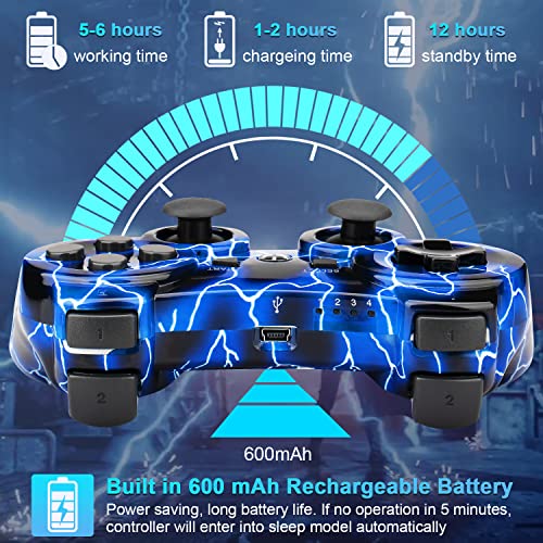 Blue Wireless Remote Works for PS3 Controller, OUBNAG Gamepad for PS3 Controllers Compatible with Playstation 3 Controller, Cool Lightning Pa3 Controller Gift for Kids Boy Girl Man Lightning Blue