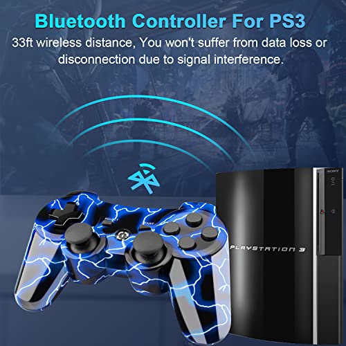 Blue Wireless Remote Works for PS3 Controller, OUBNAG Gamepad for PS3 Controllers Compatible with Playstation 3 Controller, Cool Lightning Pa3 Controller Gift for Kids Boy Girl Man Lightning Blue